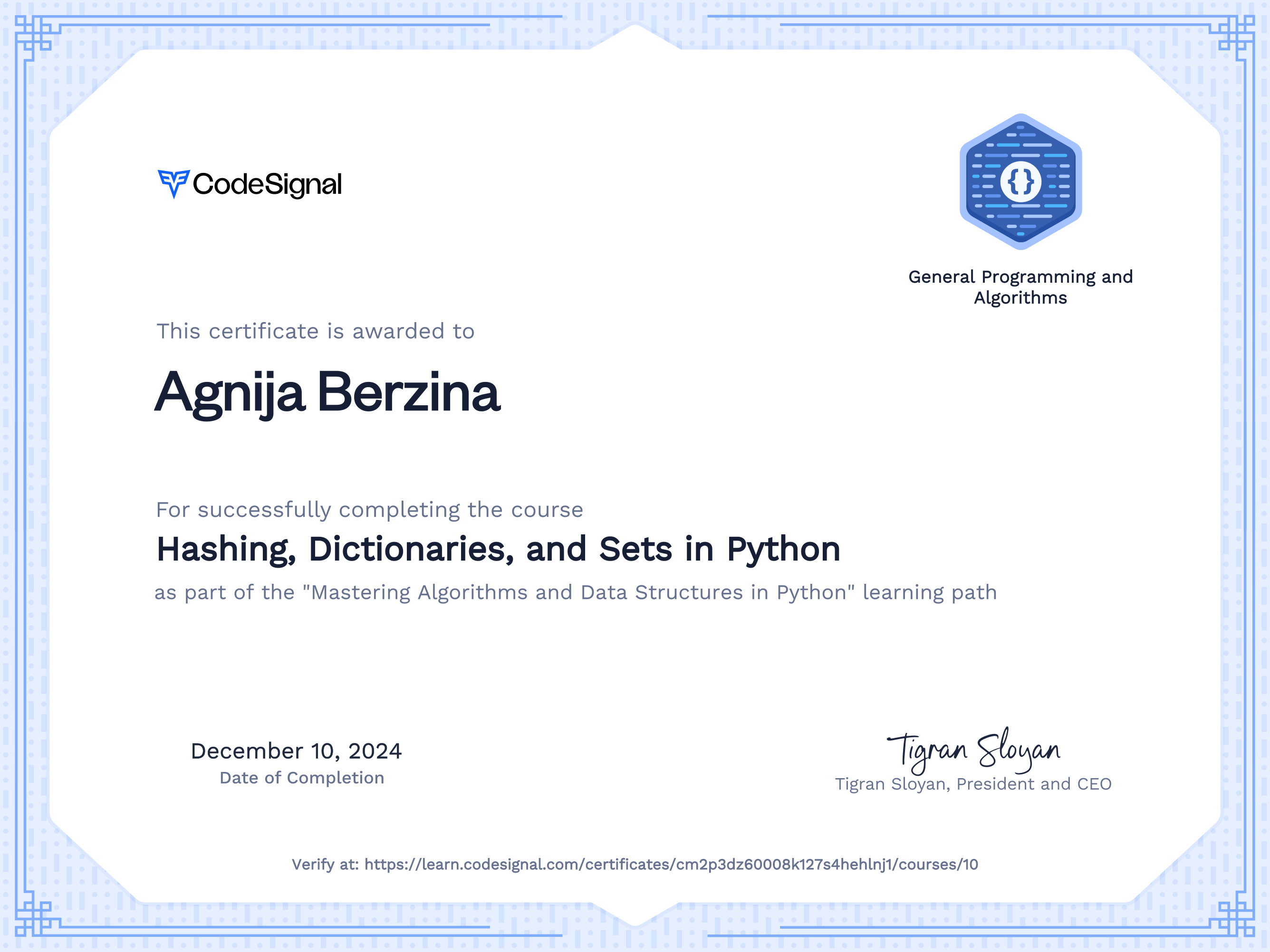 Course certificate for Hashing, Dictionaries, and Sets in Python | CodeSignal Learn